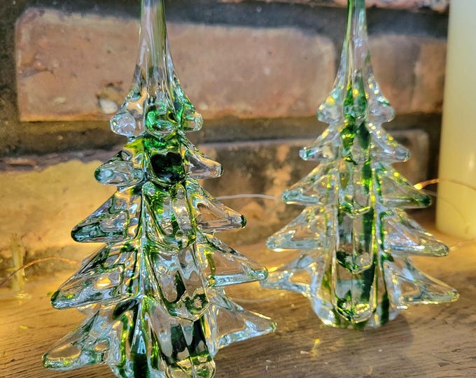 Two Vintage Ribbon Green Clear Glass Tree Art Sculptures * Midwest ...