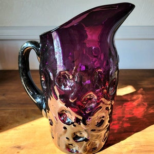Vintage Glass Pitcher Set Purple / Amethyst Glassware Dimpled / Pinched ...