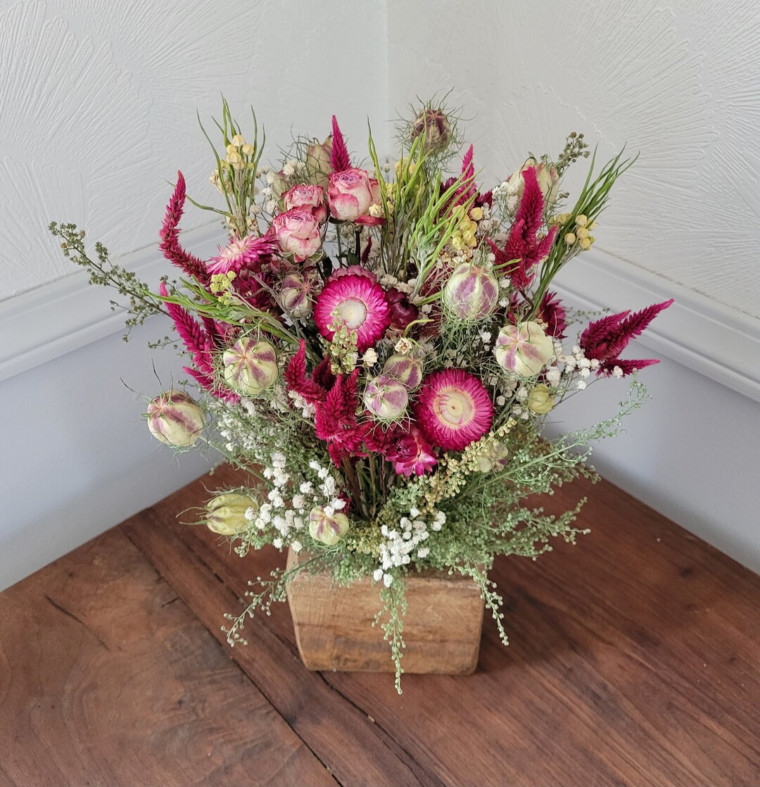 Dried Floral Arrangement in Wood Block * Centerpiece * Home Accents ...