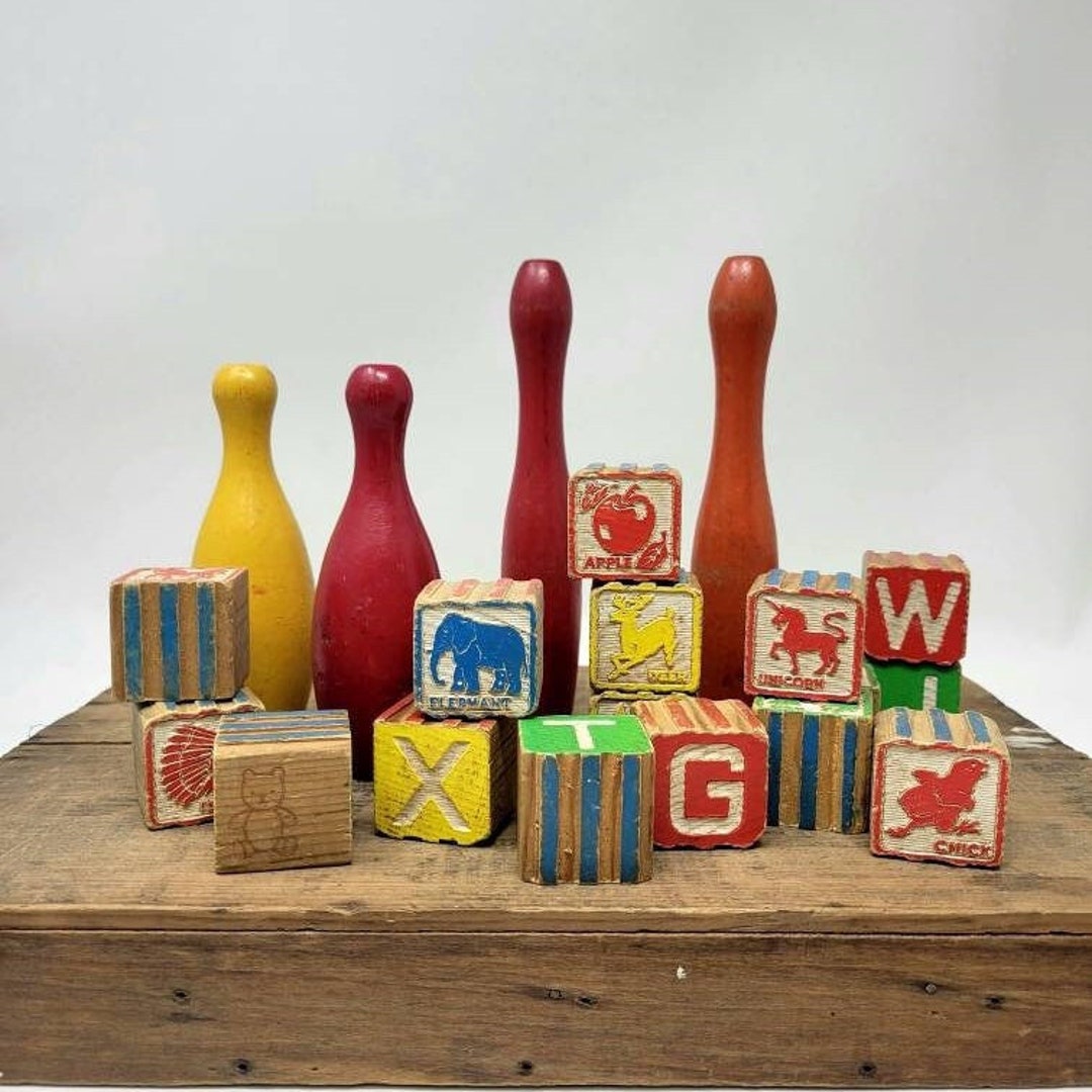 Vintage Wooden Toys * Wooden Blocks and Bowling Pins * Nursery Decor - Etsy