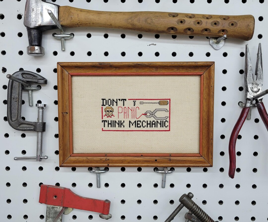 Vintage Framed Embroidery Wall Hanging Don't Panic Think Mechanic ...
