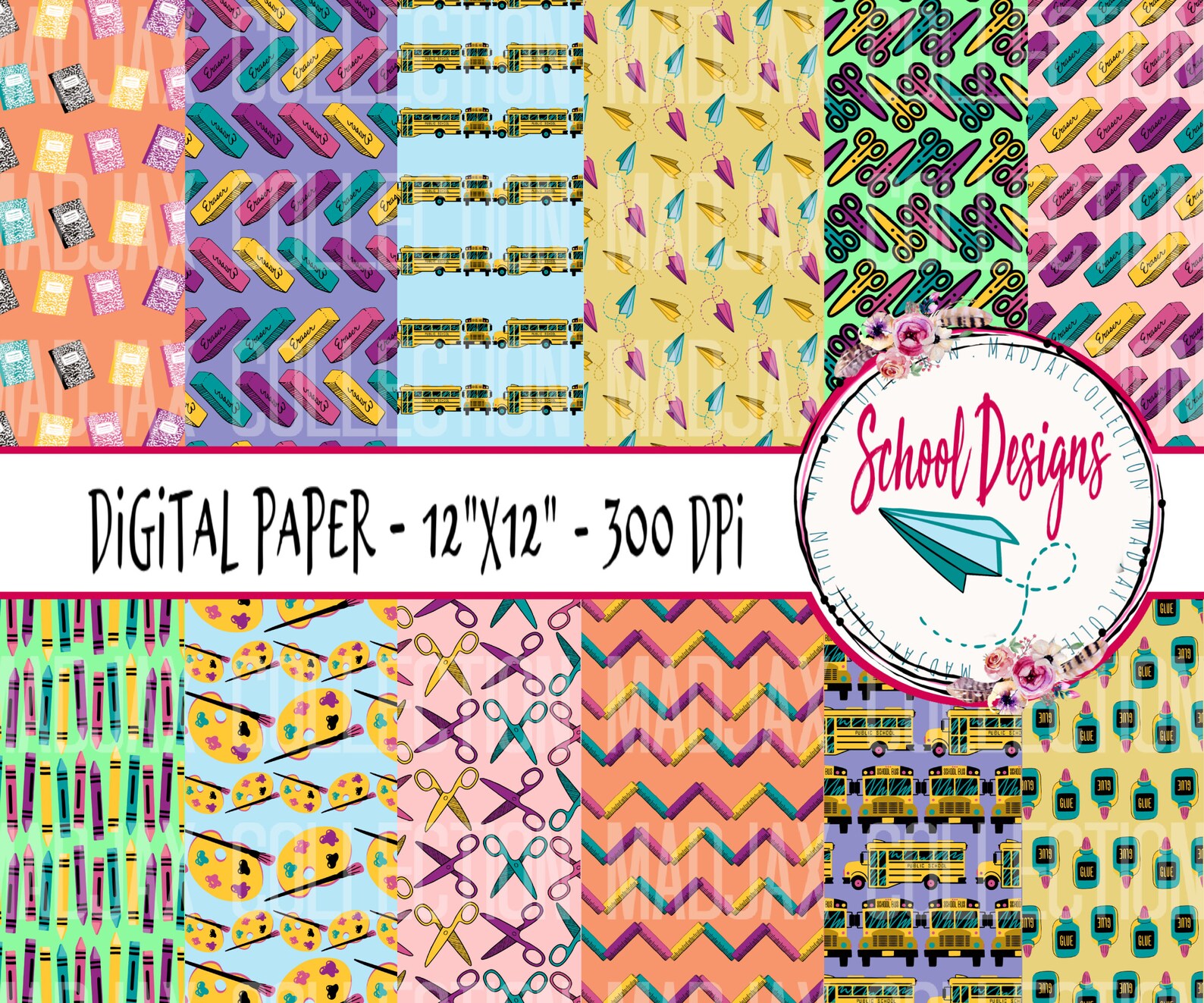 12 Digital Paper Pack School Themed Scrapbooking Cute - Etsy