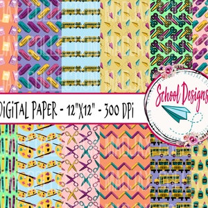 12 Digital Paper Pack, School Themed, Scrapbooking, Cute Teacher ...