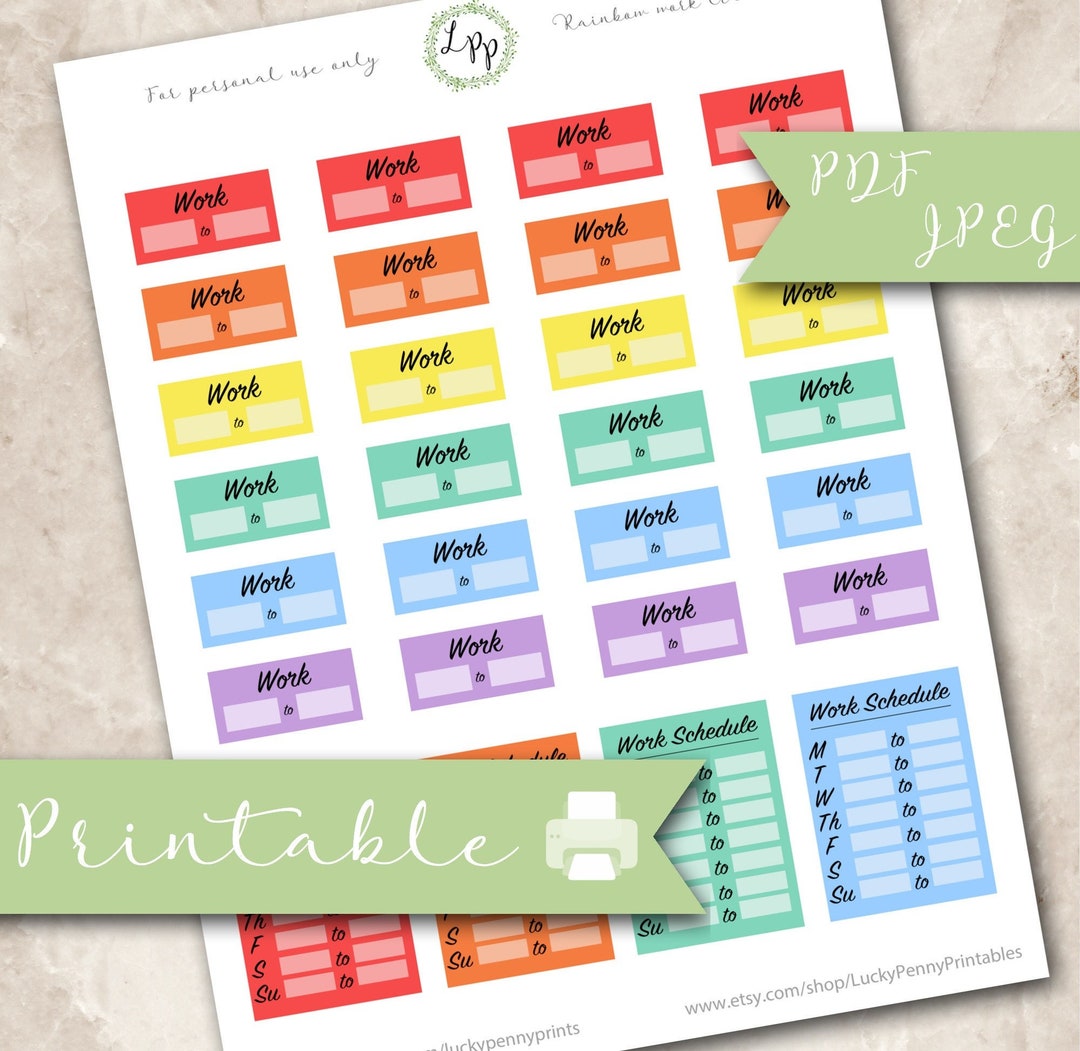 Rainbow Work Schedule, Plain, Printable Planner Stickers, Erin Condren ...