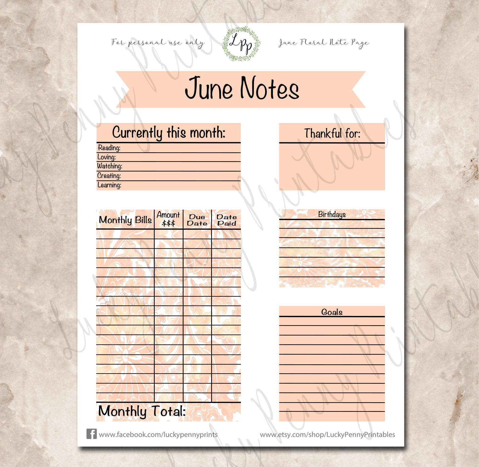 June Floral Note Page Kit, Printable Planner Stickers, Erin Condren ...