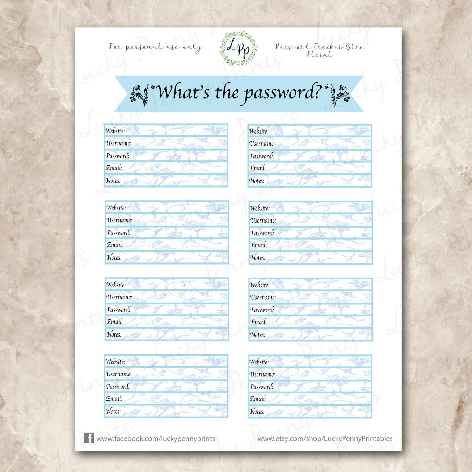 Blue Floral Password Keeper Tracker Erin Condren Printable - Etsy