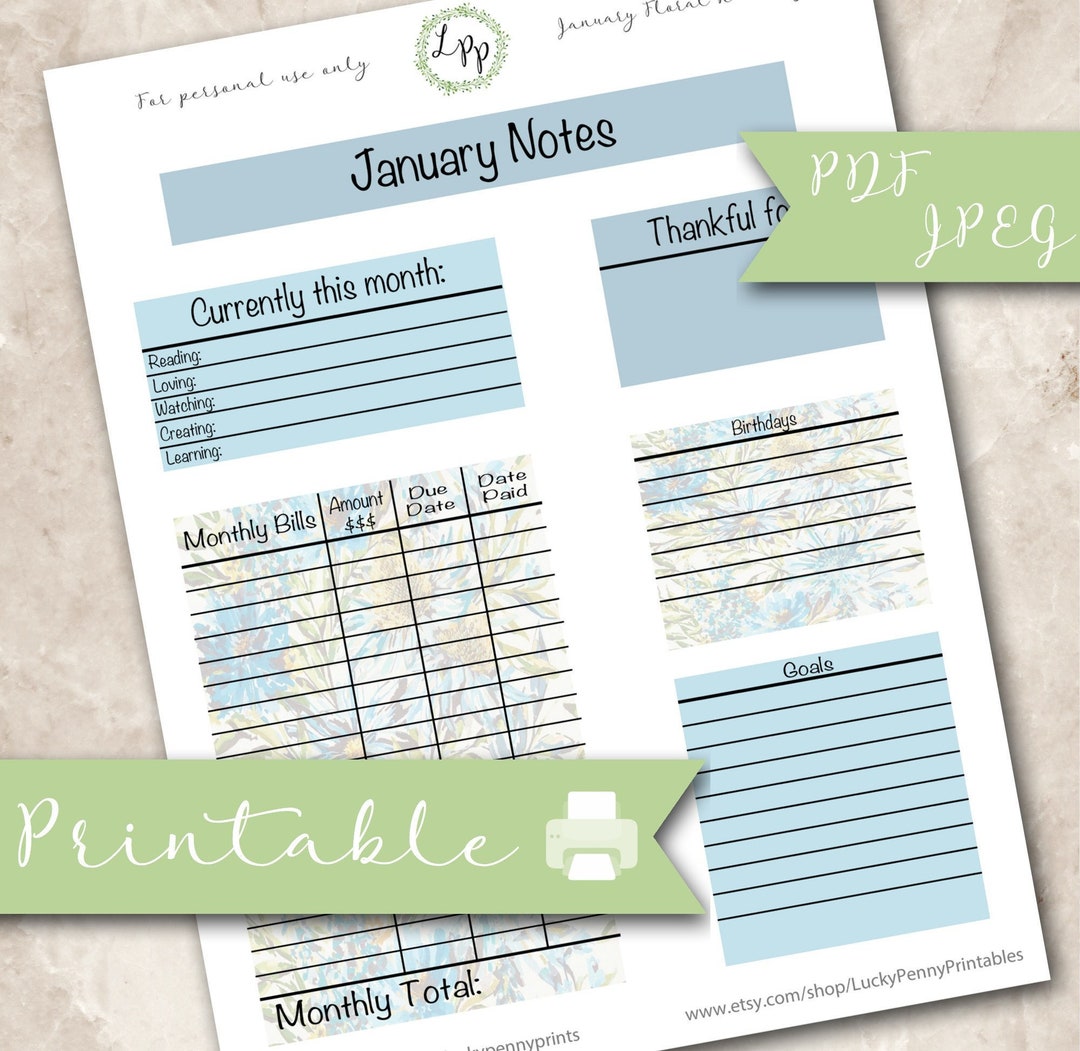 Floral January Notes Page Printable Planner Kit, Erin Condren, Monthly ...