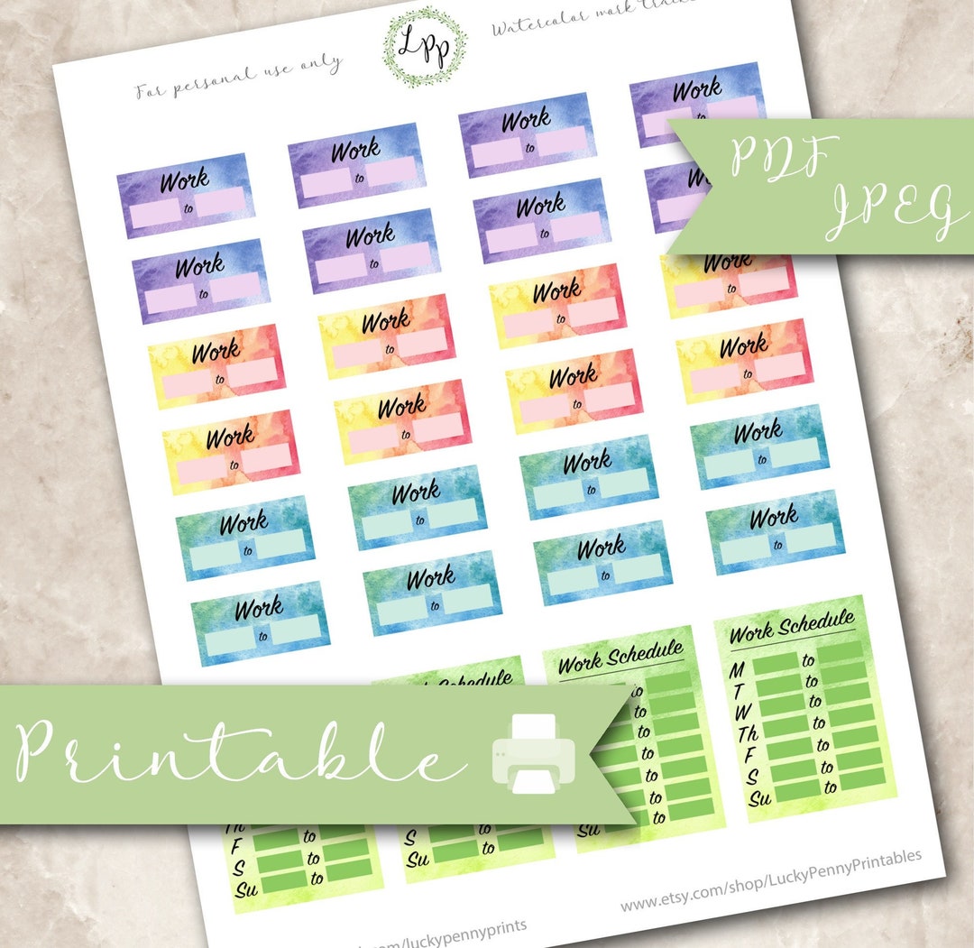 Watercolor Work Schedule Stickers, Printable, Planner, Erin Condren ...