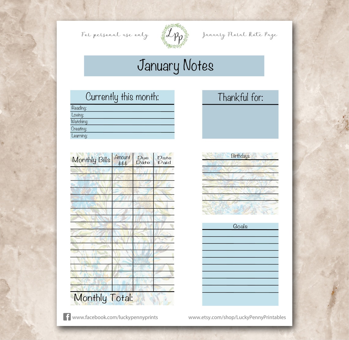 Floral January Notes Page Printable Planner Kit, Erin Condren, Monthly ...