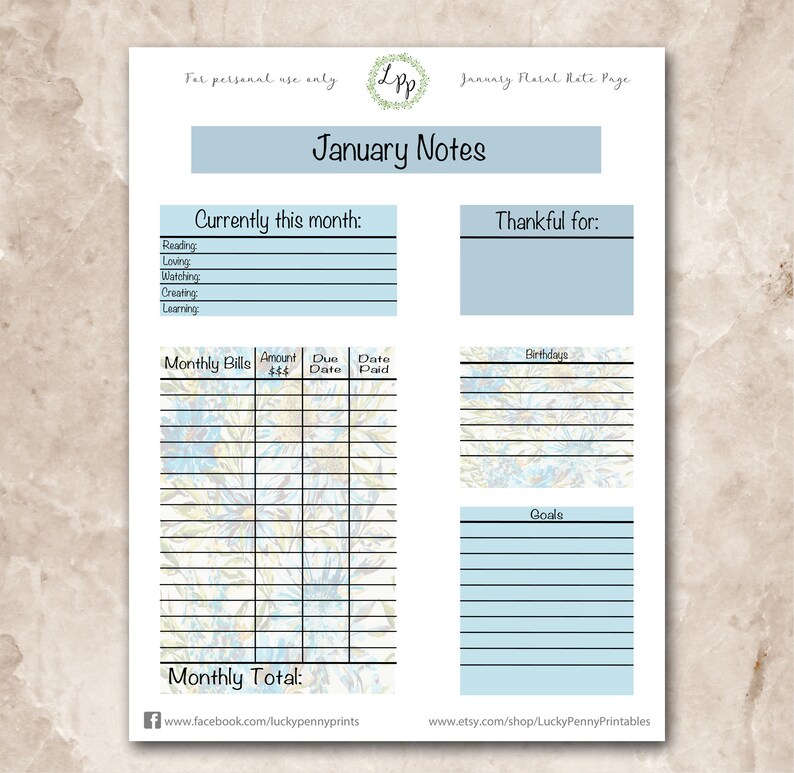 Floral January Notes Page Printable Planner Kit, Erin Condren, Monthly ...