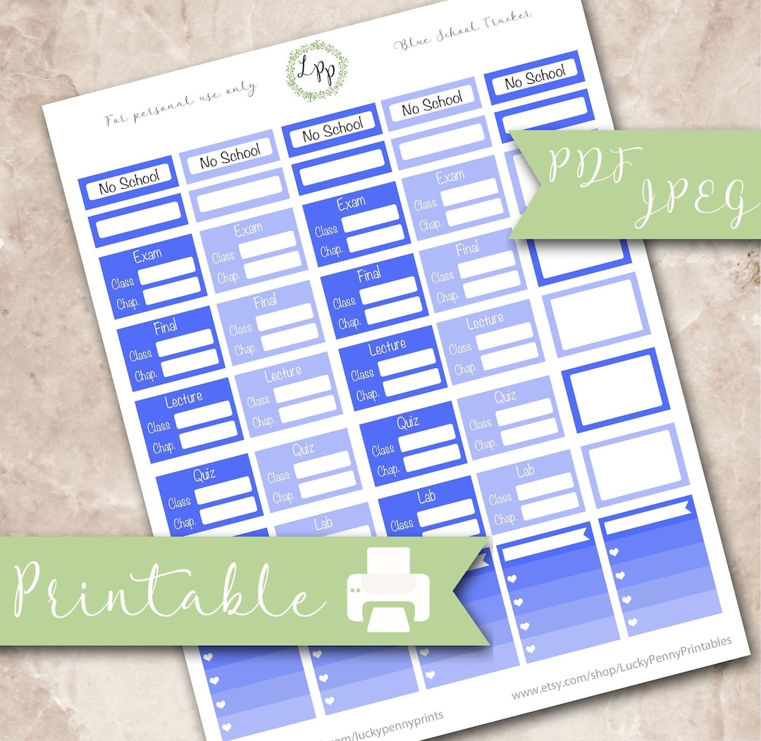 Blue School Tracker Set, Printable Planner Stickers, Erin Condren, Life ...