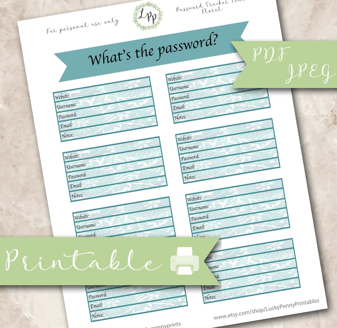 Teal Floral Password Keeper, Tracker, Erin Condren, Printable Planner ...