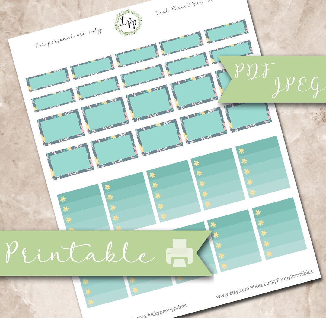 Teal Floral Box Set, Printable Planner Stickers, Erin Condren, Happy ...