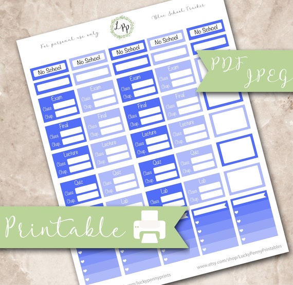Blue School Tracker Set Printable Planner Stickers Erin | Etsy