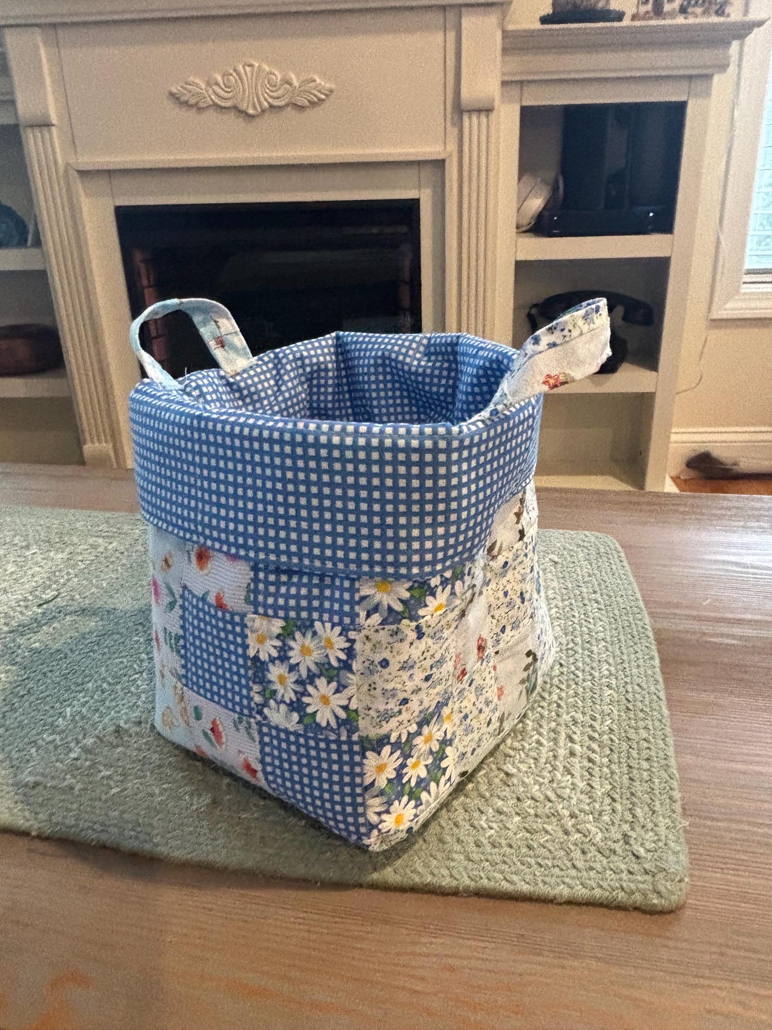 Quilted Blue Patchwork Fabric Basket – Reversible With Blue Check Cuff ...