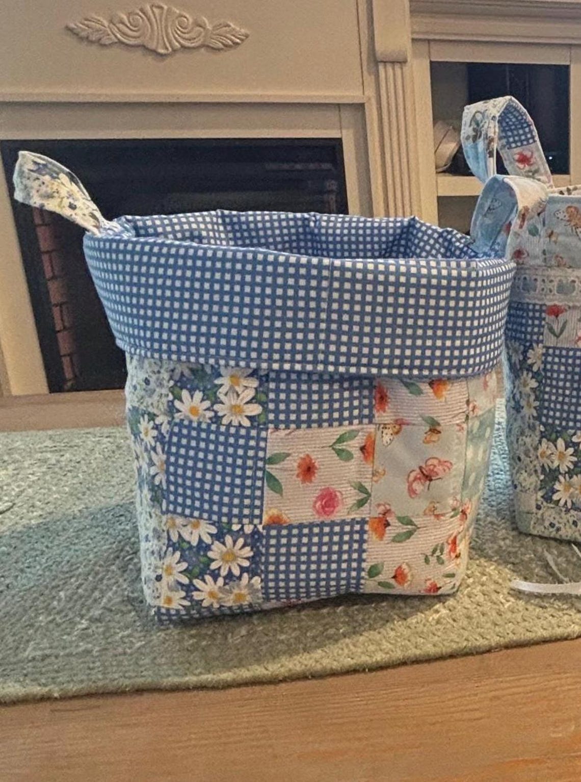 Quilted Blue Patchwork Fabric Basket – Reversible With Blue Check Cuff ...