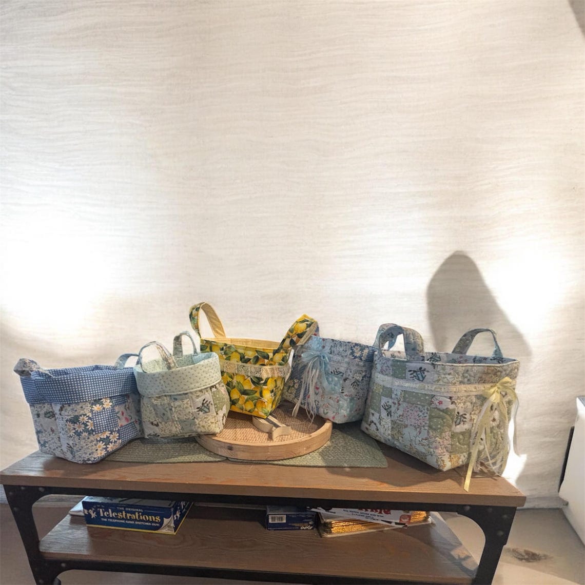 Quilted Blue Patchwork Fabric Basket – Reversible With Blue Check Cuff ...