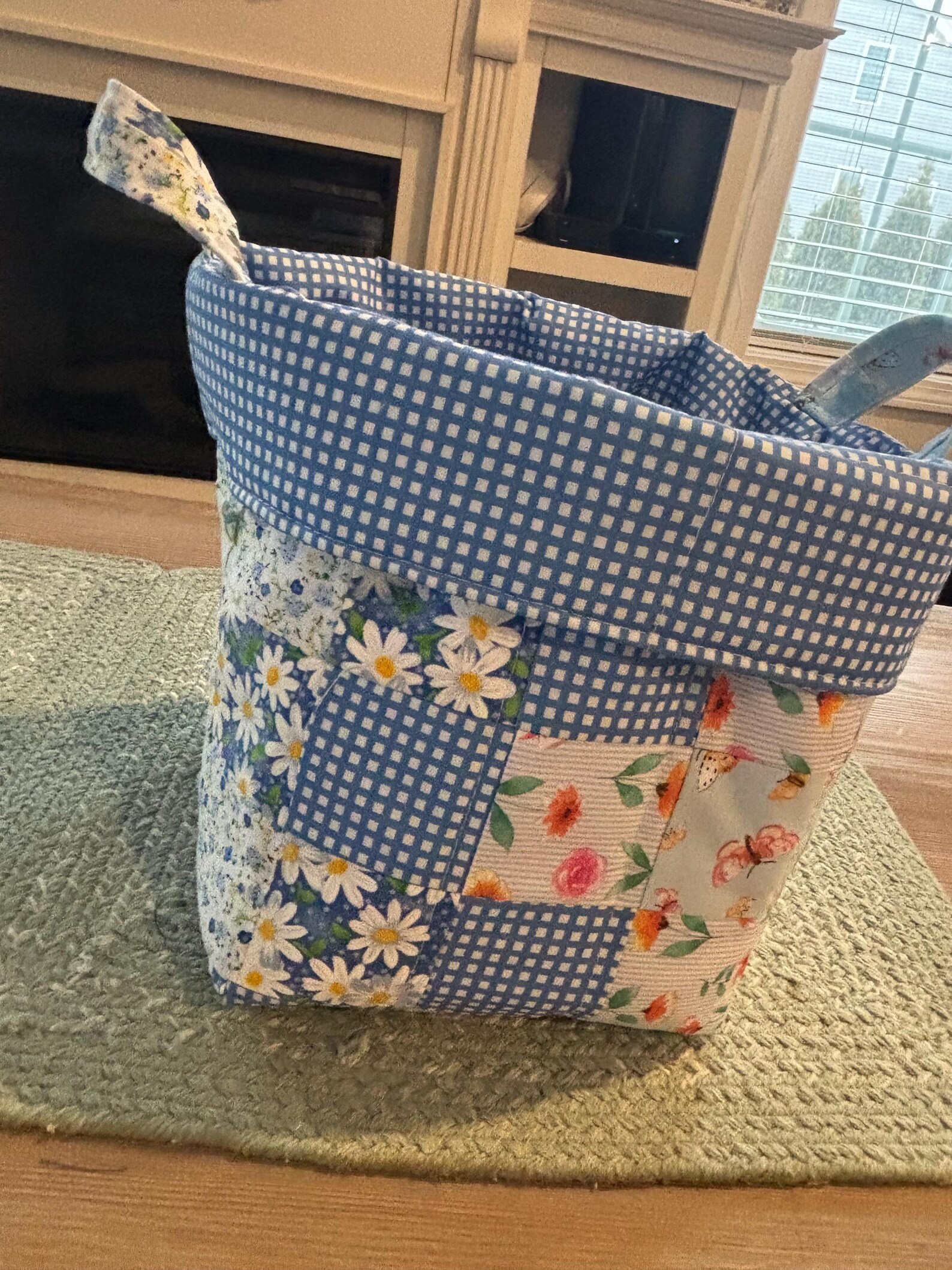 Quilted Blue Patchwork Fabric Basket – Reversible With Blue Check Cuff ...