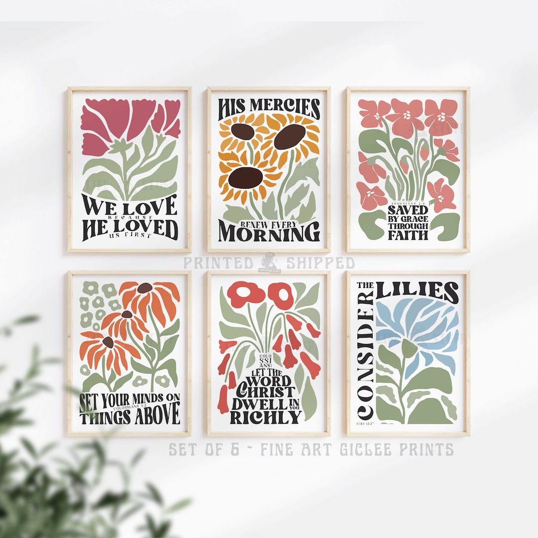 Christian Wall Art Floral Bible Verse Poster Set Retro Flower Market ...
