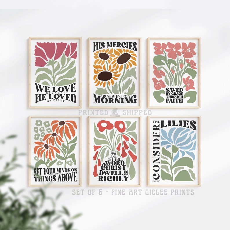 Christian Wall Art Floral Bible Verse Poster Set Retro Flower Market ...