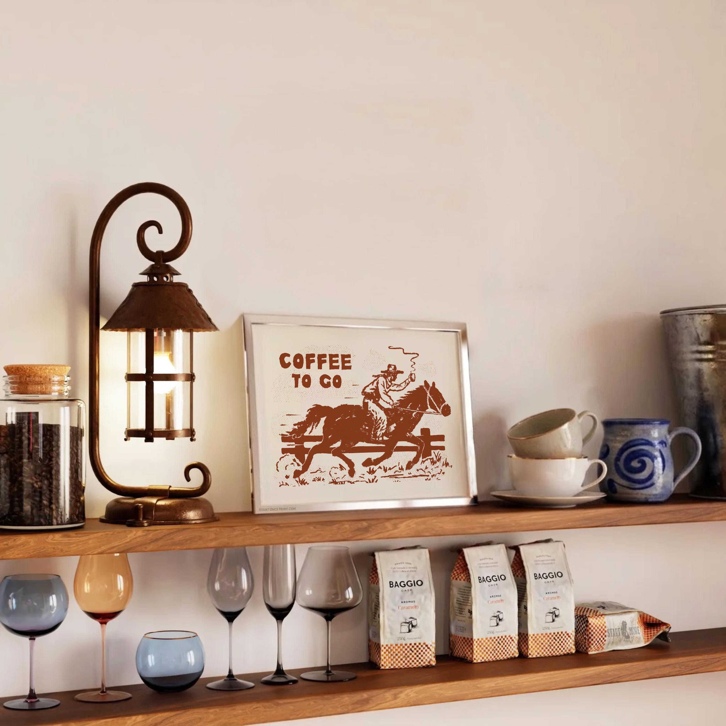 Coffee to Go Cowboy Art Print: Retro Western Poster for Kitchen Wall ...