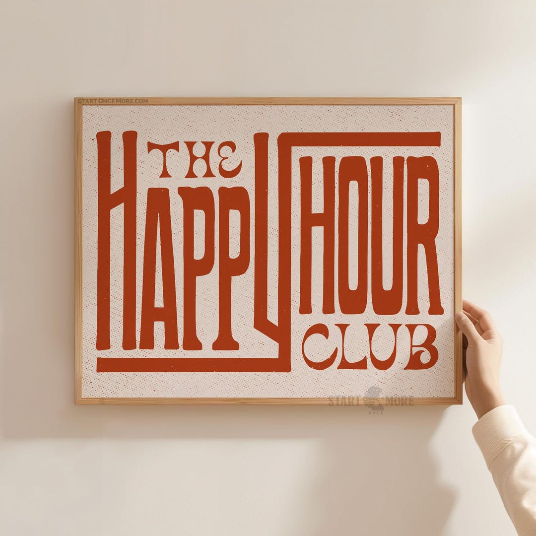 The Happy Hour Club Retro Typography Poster: Eclectic Bar Cart Decor ...