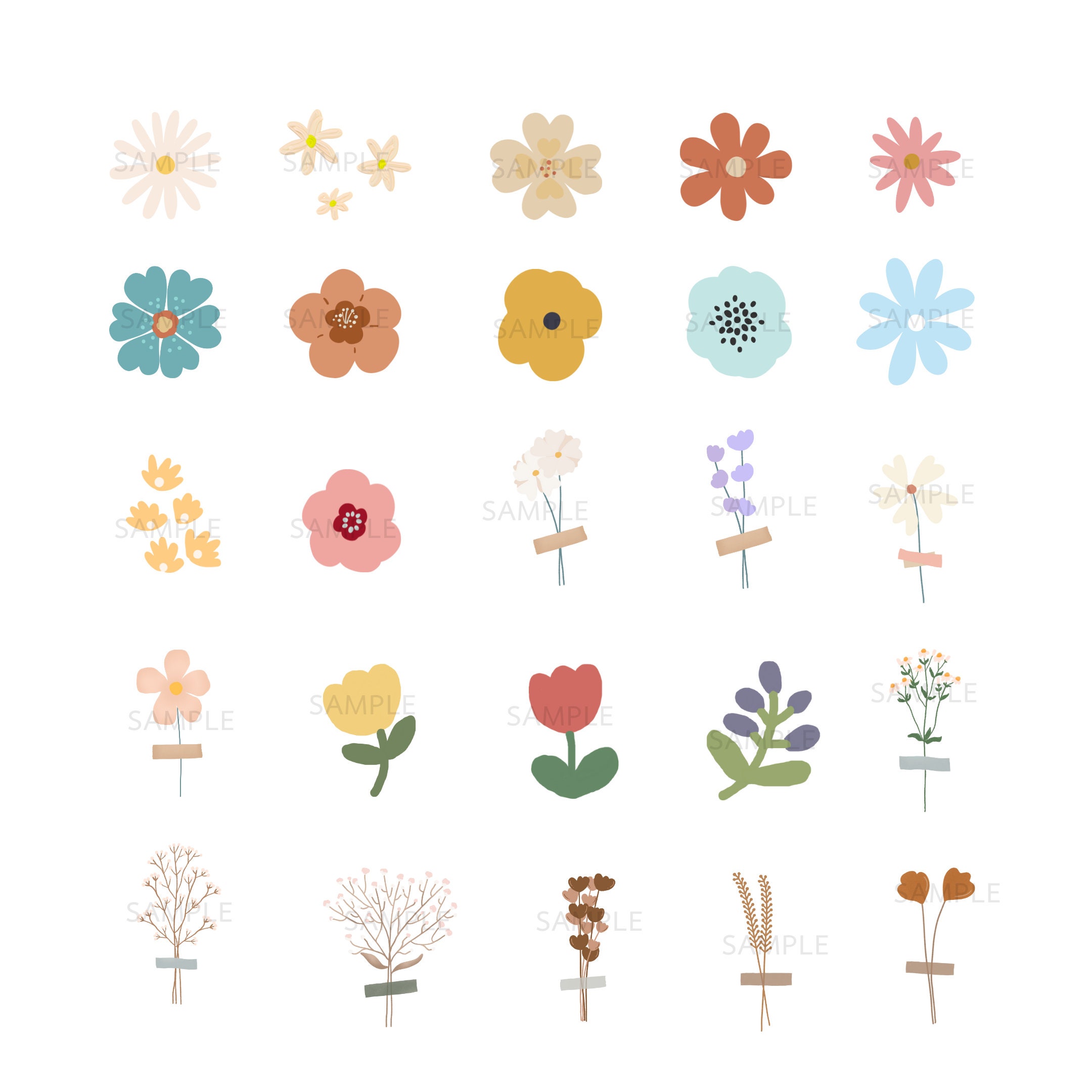 50 Digital Flower Illustrations Sticker Pack, Digital Stickers, Png ...