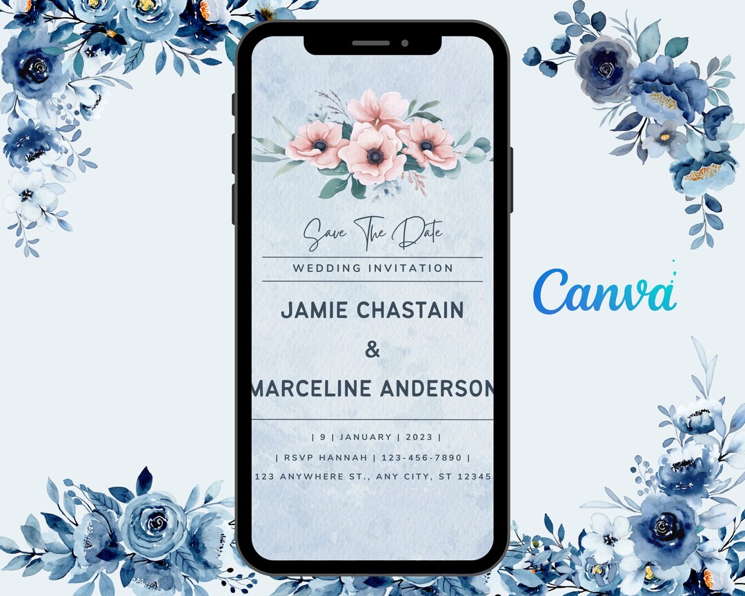 DIY Blue Floral Themed Digital Invitation Pack, Editable Invitation ...