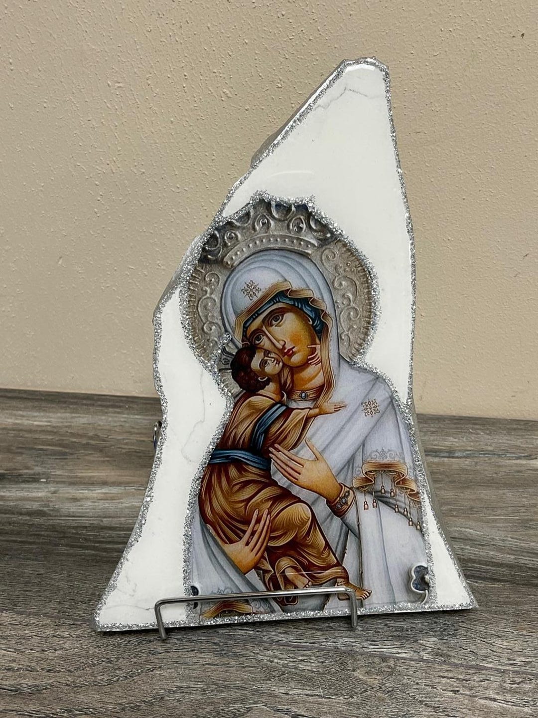 Handmade Icon of the Virgin Mary on White Granite With Silver Accents ...