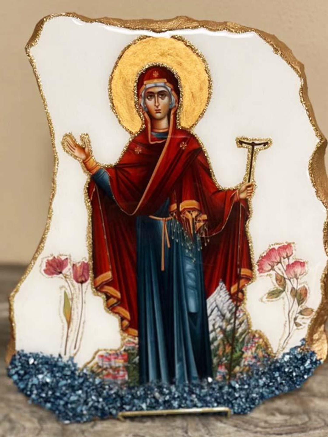 Handcrafted Icon of the Virgin Mary on Granite With Floral and Crystal ...