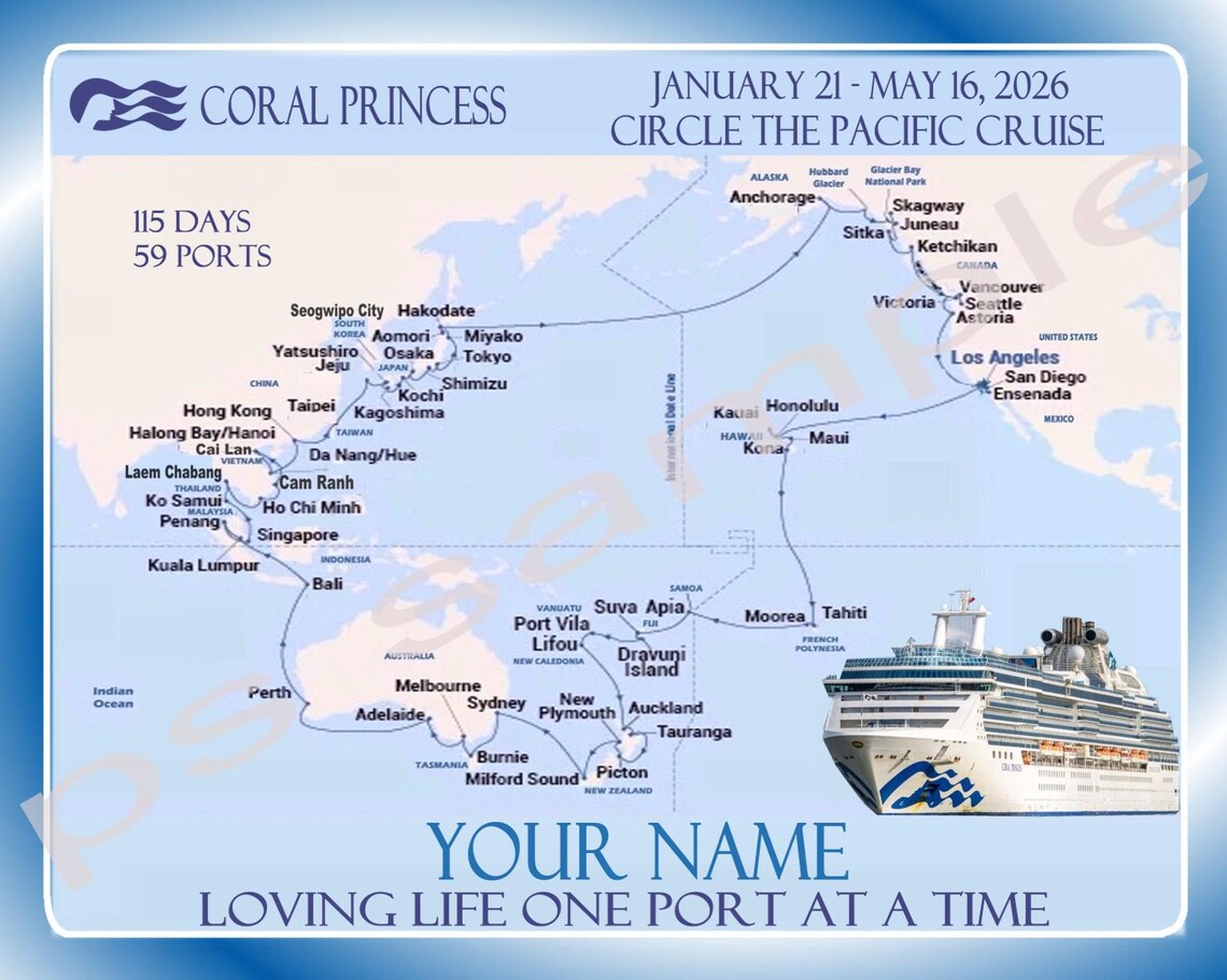 2026 (revised) CORAL Princess Circle Pacific Cruise Map MAGNET - Custom ...