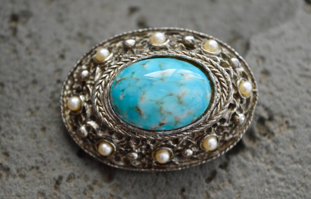 Sphinx Brooch, Vintage Brooch, Turquoise Brooch, Pearl Brooch, Sphinx ...