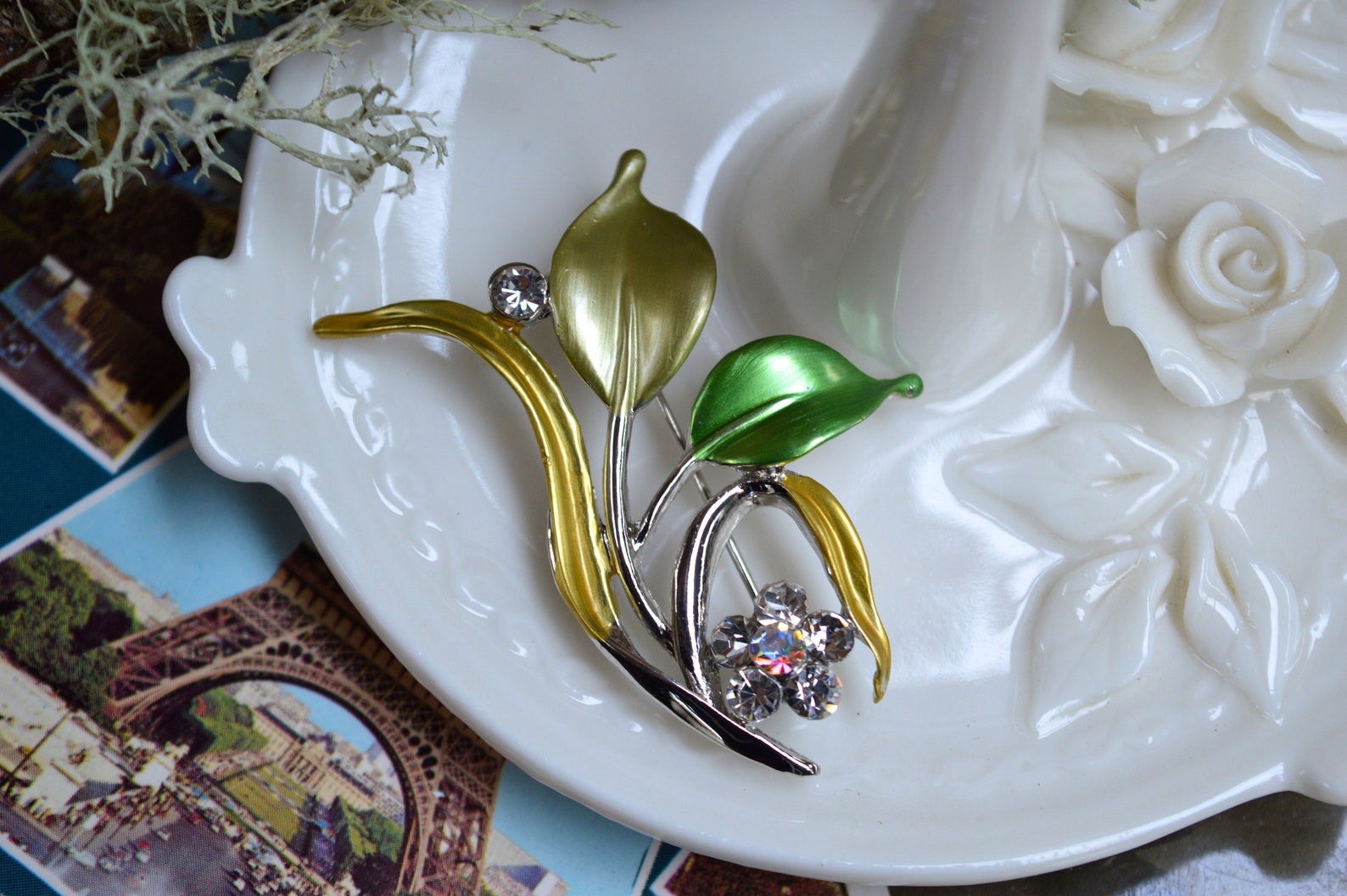 Flower Brooch, Floral Brooch, Enamel Brooch, Crystal Brooch, Brooch ...