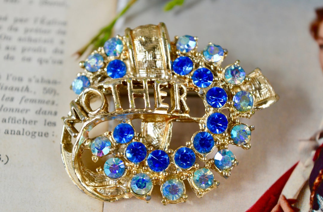 Vintage Brooch, Mother Brooch, Crystal Brooch, Blue Brooch, Brooch ...