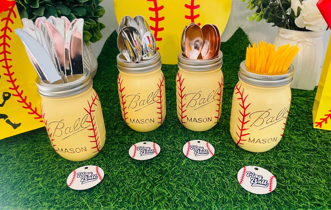 Softball Mason Jar Set: Hand Painted Party Centerpieces - Etsy