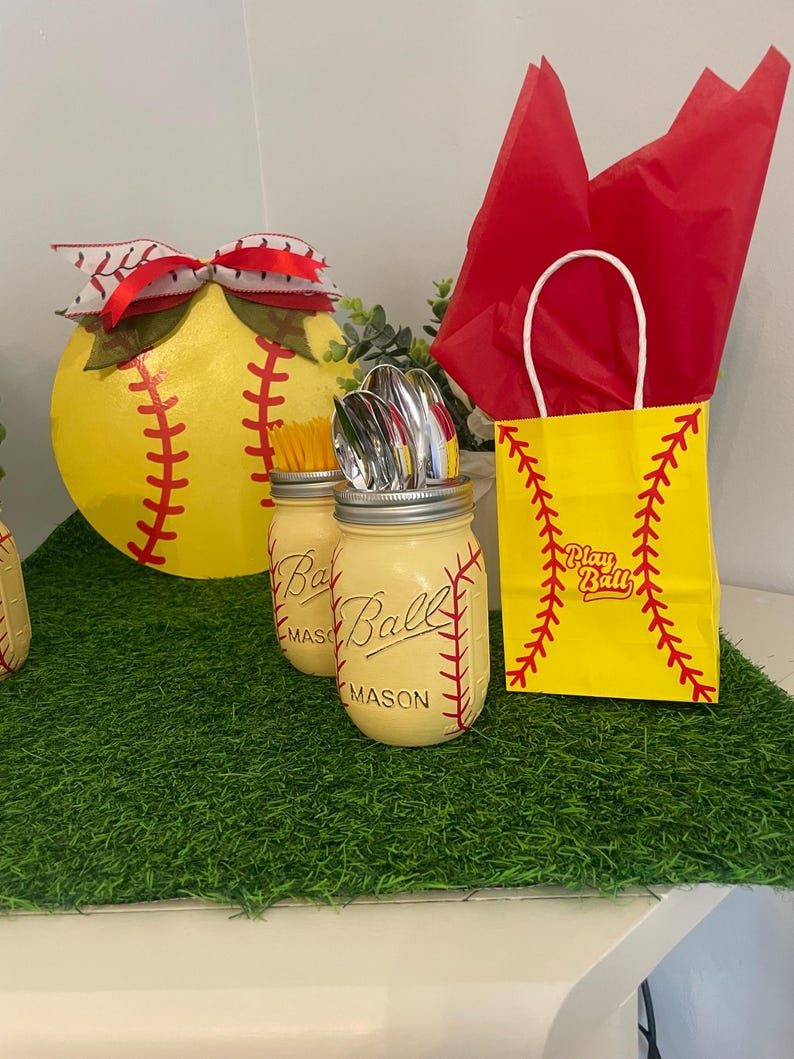 Softball Mason Jar Set: Hand Painted Party Centerpieces - Etsy