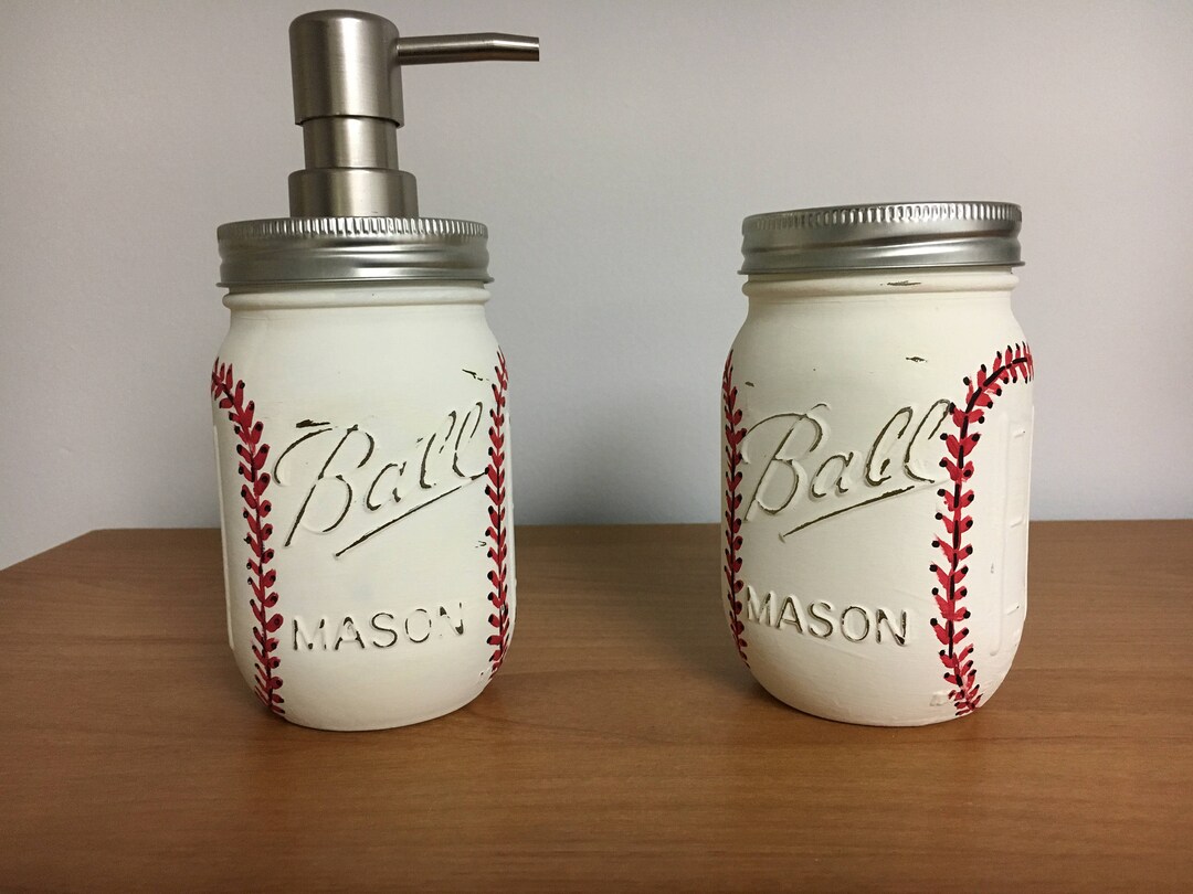 Basball Soap Dispenser, Baseball Toothbrush Holder, Rustic Decor, Pint ...