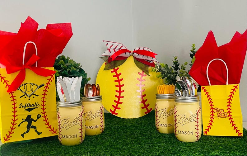 Softball Mason Jar Set: Hand Painted Party Centerpieces - Etsy