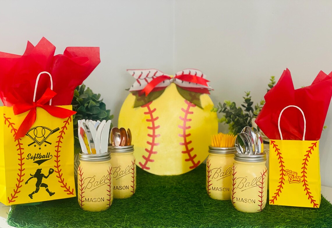 Softball Mason Jar Set: Hand Painted Party Centerpieces - Etsy