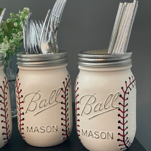 Baseball Mason Jar Utensil Holder Set: Chalk Paint Party Decor - Etsy