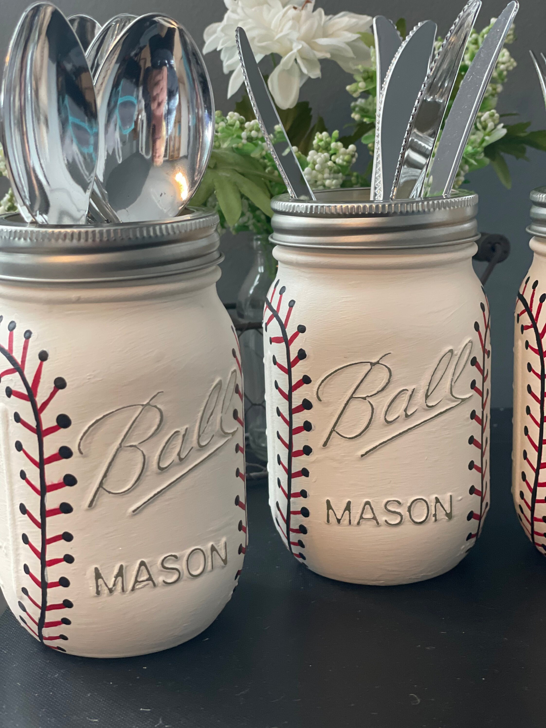 Baseball Mason Jar Utensil Holder Set: Chalk Paint Party Decor - Etsy