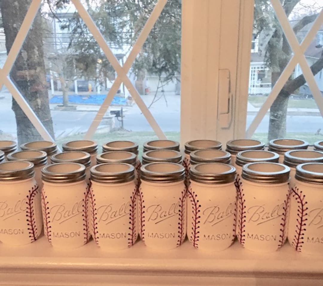 Baseball Mason Jar Party Favors: Hand-painted Sports Decor (set of 12 ...