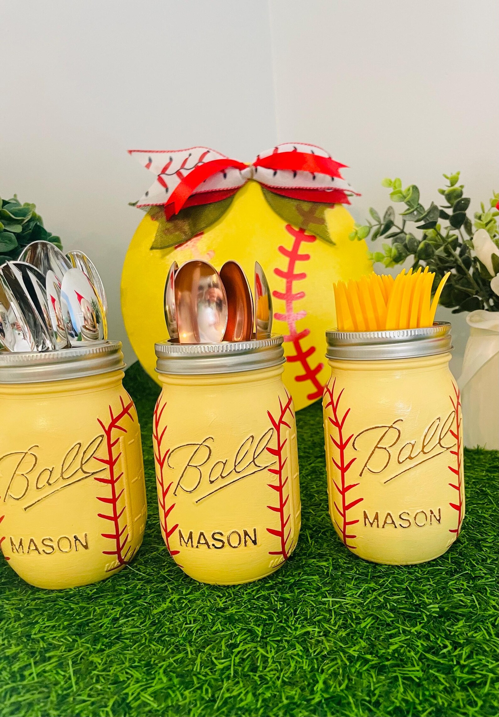 Hand Painted Softball Mason Jars: Party Decor Caddy, Set of 3 - Etsy