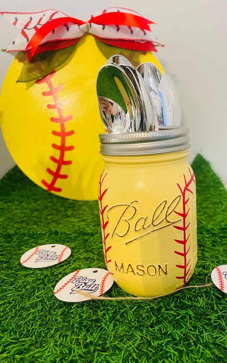 Hand Painted Softball Mason Jars: Party Decor Caddy, Set of 3 - Etsy
