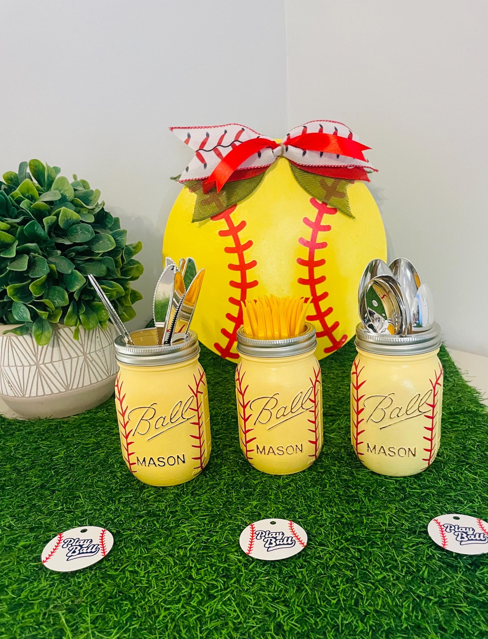 Hand Painted Softball Mason Jars: Party Decor Caddy, Set of 3 - Etsy