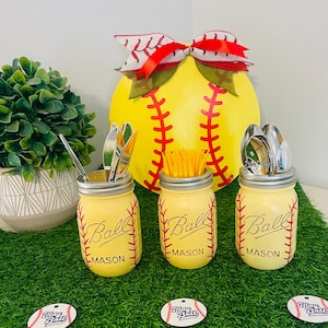 Hand Painted Softball Mason Jars: Party Decor Caddy, Set of 3 - Etsy