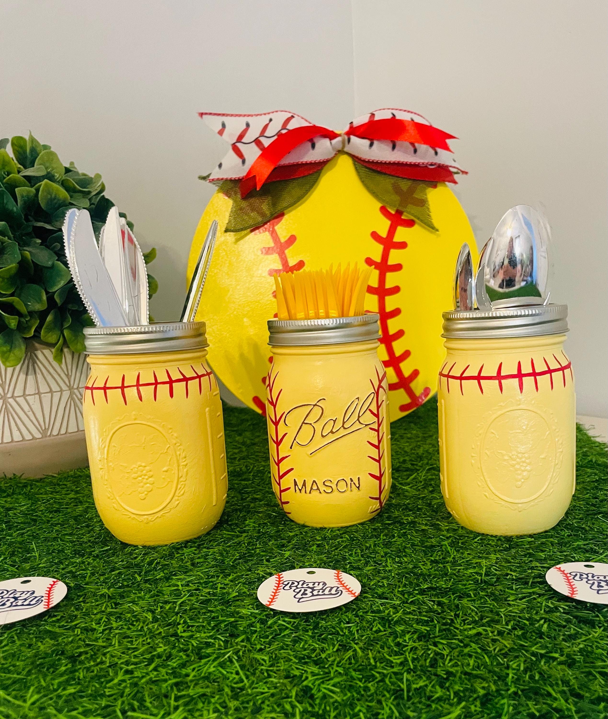 Hand Painted Softball Mason Jars: Party Decor Caddy, Set of 3 - Etsy