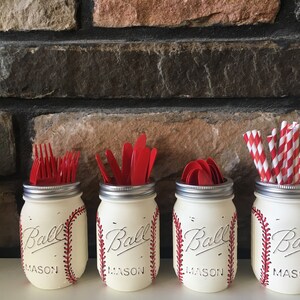 Bathroom Baseball Mason Jar Set, Baseball Utensil Holder, , Baseball ...