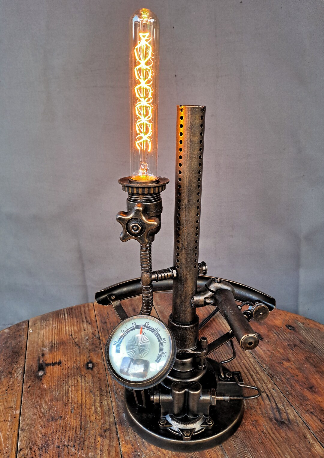 Steampunk Table Lamp With Thermometer, Rustic Industrial Desk Lamp ...