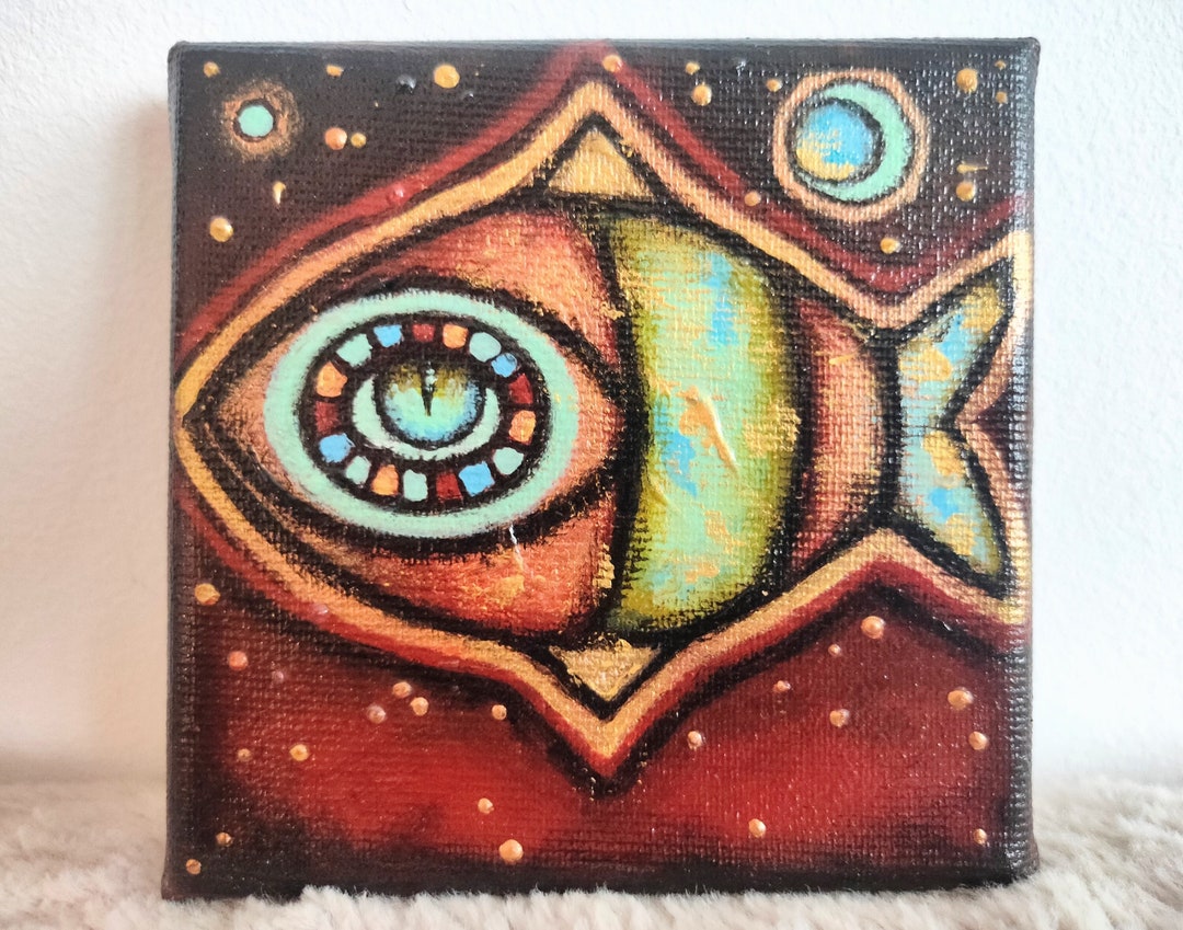 Tiny Painting Folk Art Small Painting Fish Art Original Acrylic ...